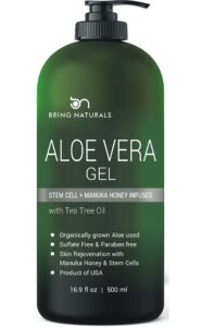 aloe vera gel - from 100% pure organic aloe infused with manuka honey, stem cell, tea tree oil - natural raw moisturizer for face, body, hair. perfect for sunburn, acne, razor bumps 16.9 fl oz