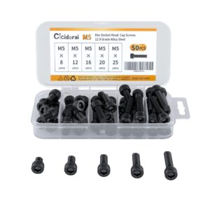 cicidorai m5 x 8mm 12mm 16mm 20mm 25mm hex socket head cap screws bolts, 12.9 grade alloy steel, fully threaded, black oxide finish, allen socket drive, assortment kit 50pcs