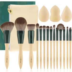 ducare makeup brushes 14pcs with 3pcs makeup spong & cosmetic bag - lime mojito series christmas gifts professional kabuki foundation blending brush face powder blush concealers eye shadows