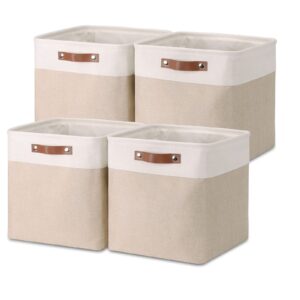 temary cube storage bins 13x13 fabric storage cubes baskets set of 4 cloth baskets for shelf, large basket empty baskets for organizing, baskets cube basket for storage (white&khaki)