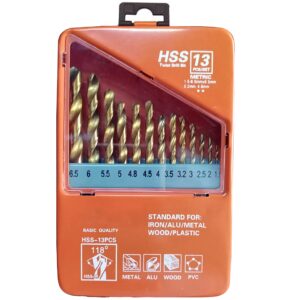 kewayo 13-piece hss twist drill bit set - titanium nitride coated high speed steel, 1.5 to 6.5mm, jobber length for metal, cast iron, wood, plastic - complete with metal storage case