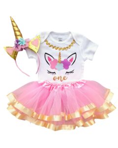 luke and lulu unicorn birthday outfit for baby girls 3 piece tutu set - 1st birthday girl - pink, rainbow