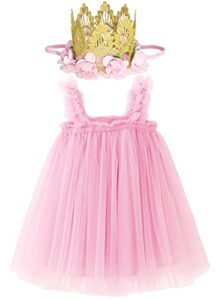 bgfks layered tulle tutu dress for toddler girls,baby girl tutu princess skirt set with lace rose flower crown.(pink,12 months)