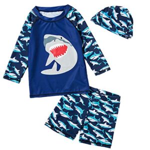 baby toddler boys two pieces swimsuit set long sleeve shark bathing suit rash guards swimwear with hat upf 50+ (navy shark, 9 months, 9_months)