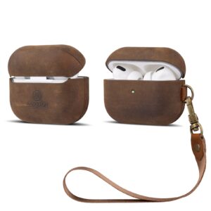 maogoam for airpods pro leather case cover with hand strap, genuine oil wax crazy horse cowhide leather case cover for airpods pro, handcrafted fully-wrapped, the front led visible, dark brown