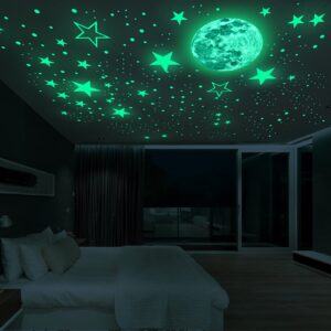 sursarbelor luminous Φ30cm big moon and stars dots wall stickers, 435 pieces glow in the dark stickers, wall ceiling sticker decals for home party kids room decorations