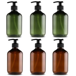 10 oz pump bottle plastic pump lotion dispenser empty bottle, amber and green 6 pack, for shampoo lotion body wash.