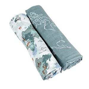 swaddle blanket, boutique muslin blankets for girls & boys, baby receiving swaddles, ideal newborn & infant swaddling set, perfect shower gifts, 2 pack (world map + someday)