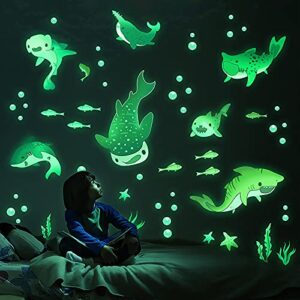 mesu cartoon shark glow in the dark stickers luminous wall decals underwater world home ceiling decor for boys room nursery kids gift shark