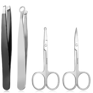 4 pieces nose hair tweezers scissors set include nose hair trimming tweezers, curved and rounded nose hair scissors, precision eyebrow tweezers for nose hair, eyebrows, eyelashes, and ear hair