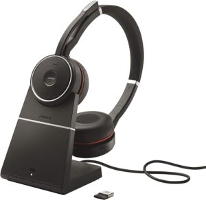 jabra evolve 75 stereo wireless bluetooth headset with charging stand - world-class speakers, active noise-cancelling microphone and all day battery, uc optimized (new)