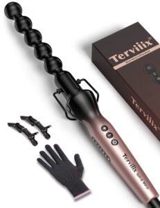 terviiix bubble curling wand, spiral curling iron for tight & loose curls, curling wand for long hair, ceramic long barrel wand curler for fine hair, instant heat to max 430°f, with glove & clips