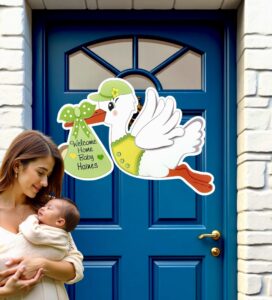 cute news welcome home baby door sign decoration, personalized gender neutral stork announcement wreath, newborn boy & girl decor, custom shower banner, hospital birth arrival hanger, unisex gift