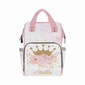 newcos personalized glliter crown with beautiful pink roses diaper backpack with custom name shoulder mommy baby bag multi 09, one size