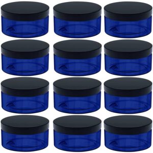 5 ounce blue plastic cosmetic jars, wide mouth refillable containers with lids for creams, lotion, ointments, make up, bath salt and body butter, 12 pcs