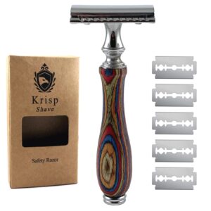 krisp shave long wood handle safety razor for men women - double edge manual razor - fits all double edge razor blade - comes with 5 shaving blades, multi color, 4.2 inch long