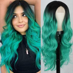 lativ long wavy wig for women ombre green middle part wigs teal wigs long curly synthetic heat resistant hair with natural hairline for cosplay party everyday use