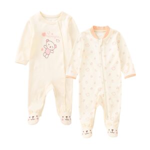 pureborn 2-pack baby girls footed pajamas infant seamless long sleeve cotton footies sleep and play white + beige bear 0-3 months