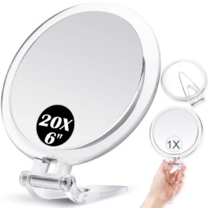 miyadiva handheld mirror 20x magnifying mirror with folding handle, portable hand mirror with magnification for makeup/travel, double sided, round, 6"