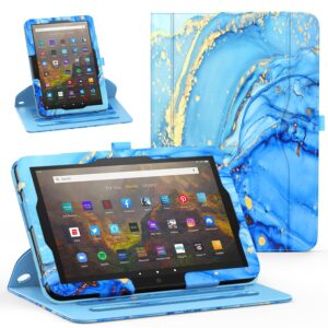 zonefoker case for all new kindle fire hd 10 tablet & fire hd 10 plus (11th/13th generation, 2021/2023 released), 360 degree rotating stand cover with auto sleep/wake & pencil holder, marble blue