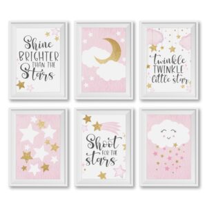 hadley designs 6 reversible 8x10 moon and stars nursery decor prints, shower decorations, moon and stars wall decor for baby girl nursery wall art, baby girl nursery wall decor for girls bedroom