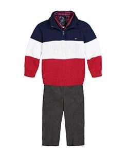 tommy hilfiger boys' 3-piece sweater set, matching button-down shirt, sweater & pants, flag blue block, 24 months