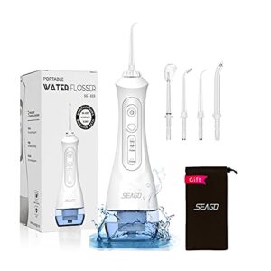 seago water flosser professional water pick teeth cleaner for teeth - 3 modes 5 jet tips ipx7 waterproof rechargeable dental oral irrigator, portable for home & travel (white)