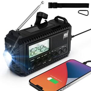 emergency radio, 5000mah solar hand crank portable am/fm/noaa radio with solar charging & battery operated, usb charger, emergency supplies survival gear with led flashlight for outdoor camping black