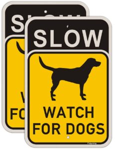 2 pack slow watch for dogs sign 18 x 12 inches slow down dogs at play signs metal reflective rust aluminum weatherproof uv protected easy mounting indoor outdoor use