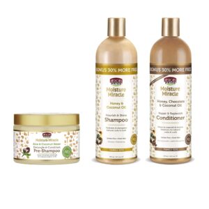 african pride honey & coconut oil pre-shampoo, shampoo & conditioner - repair & replenish moisture for natural coils & curls, 12 oz & 16 oz