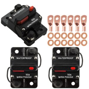 hamolar 3 pack 50a auto car stereo audio circuit breaker fuse 12-48vdc manual reset button switch fuses, with wire lugs copper washer