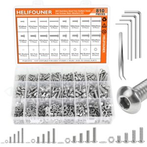 helifouner 810 pieces m3 m4 m5 m6 304 stainless steel button head socket cap metric screws bolts, flat washers and nuts assortment kit with hex wrenches