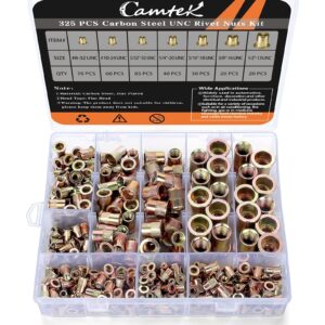 camtek 325pcs rivet nut kit, #8-32#10-24 5/32"-32unc 1/4''-20unc 5/16''-18unc 3/8''-16unc 1/2"-13unc zinc plated carbon steel flat head rivnut threaded insert rivet nuts assortment set