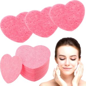 100 pieces heart shape facial sponges compressed natural cellulose sponge reusable cosmetic makeup remover sponge face cleansing natural sponge for face cleansing exfoliating (pink)