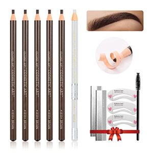 lsxia waterproof eye-brows pen-cil set, pull cord peel-off eyebrow pencil microblading eyebrow pen supplies kit, white eye-liner pencil and eyebrows tool tattoo makeup for marking (5+1 dark brown)