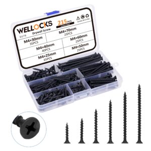 wellocks drywall screws 215 pcs m4×25mm to 70mm wood screws self tapping assortment steel black bugle head coarse phillips sharp point fast drilling for home handmade repair installation(d179)