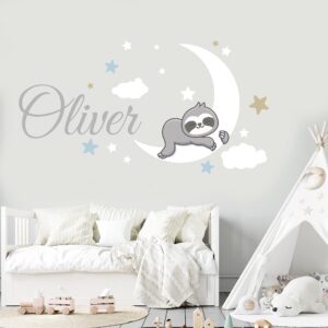 waldo custom name sloth moon stars nursery wall decal - wm45. removable nursery wall decal for baby room - mural wall decal for kids