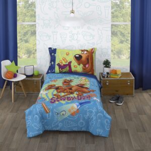 warner brothers scooby doo - scooby dooby doo blue, green, brown & orange 4piece toddler bed set - comforter, fitted bottom sheet, flat top sheet, & reversible pillowcase, blue, green, brown, orange