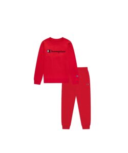 champion boys two piece classic core colors hooded and crewneck sweatshirt and fleece jogger sweatpants infant toddler sets (12 months, scarlet/crew)