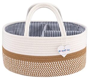 greatale baby diaper caddy organizer - portable rope nursery storage bin for changing table & car - diaper storage basket with removable divider (brown)