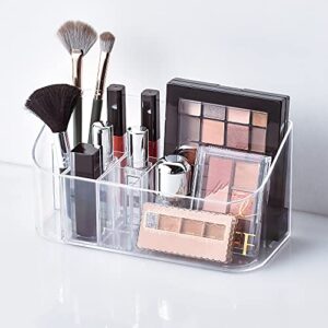 yohom small clear makeup organizer tray vanity cosmetic brush holder storage box 9-compartments countertop lipstick collection display case with 2 dividers plastic