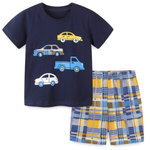 bumeex baby boy's monster and truck clothes,summer short sleeve t-shirt and shorts outfit set navy 2t