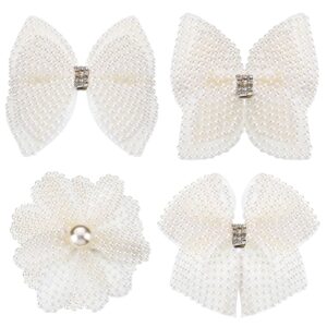 chuangdi 4 pieces white rhinestone hair bows for girls, cute pearls hair bow with alligator hair clips beads hairgrip for women baby teens toddlers children hair styling