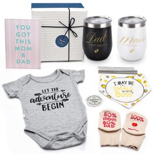 pregnancy gifts for first time moms dad, mommy and daddy est 2024 stainless steel wine tumbler set with onesie baby socks drool bib decision coin - top new parents gifts idea for gender reveal