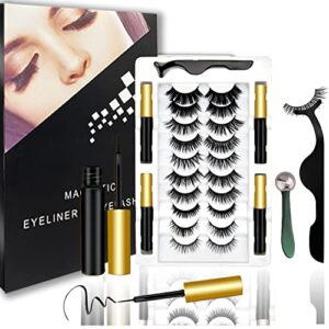 upgraded 3d 5d magnetic eyelashes with eyeliner kit, 10 pairs natural look 5 magnets eyelashes with tweezer,waterproof liquid eye liner,softer reusable false lashes ultra strong hold and no glue