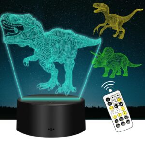 jurhhoen 3d dinosaur night light,3d illusion lamp 3-pattern & 16 colors change decor nightlight with remote control for living bed room bar, best dinosaur toys gifts for boys girls (3 packs)