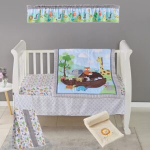 6 pcs noah's ark nursery crib bedding set blue grey animal theme baby crib bedding set quilt + skirt + fitted sheet + diaper storage bag + blanket + window valance