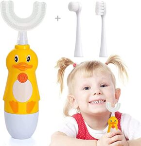 caromolly kids u-shaped electric toothbrush, automatic massage toothbrush with u-type, cartoon modeling toothbrush with three types of brush heads,battery operated,small for 2-6 years,yellow,1 pack