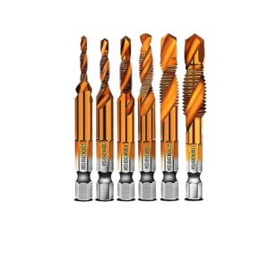 6 pcs titanium combination drill tap hss bit set,3 in 1 drilling tapping burr bit set screw tapping with 1/4 inch hex shank for alloy, wood, plastic, soft metal, etc.m3-m10（long handle