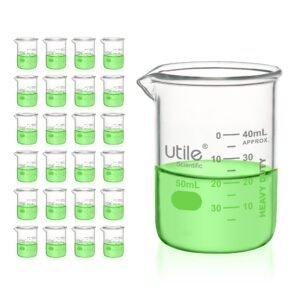 utile 50ml beaker shot glasses, 24pcs of 1.7oz low form glass beakers set, borosilicate 3.3 glass chemical beaker with printed graduation, 4000.0050.24